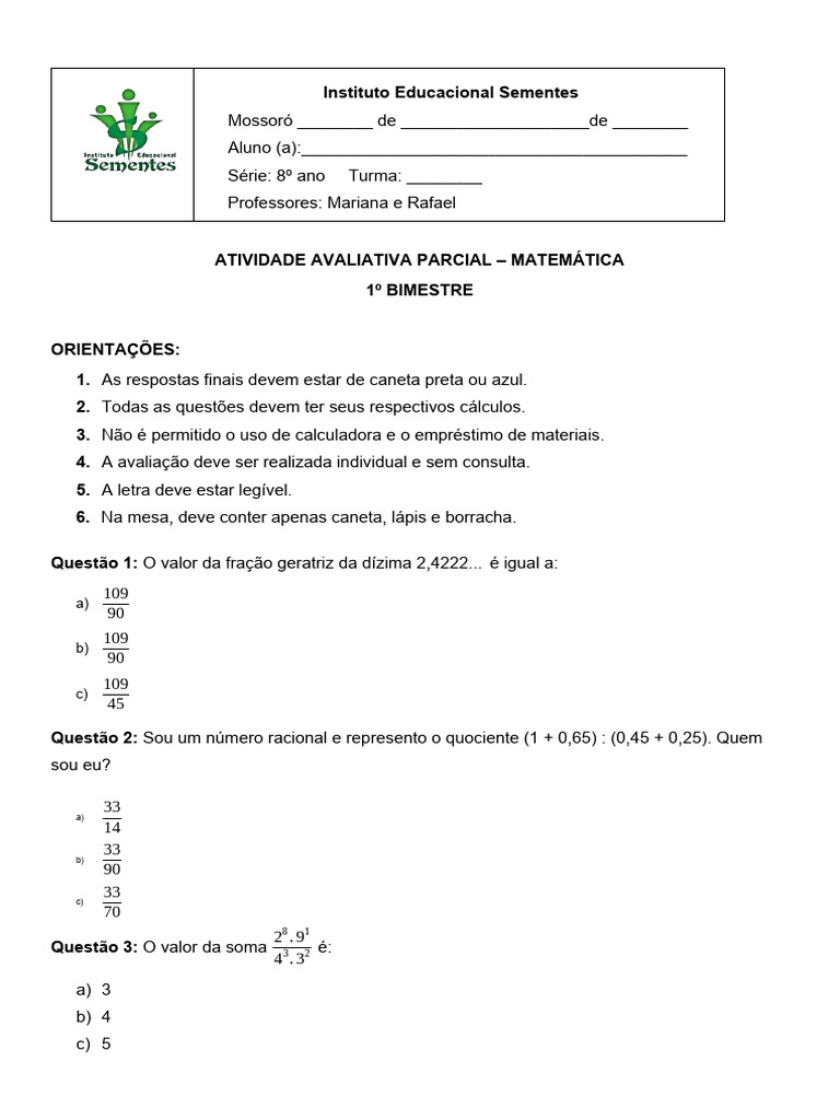 Adaptada - Prova Parcial - 8 Ano - 1 Bimestre | PDF