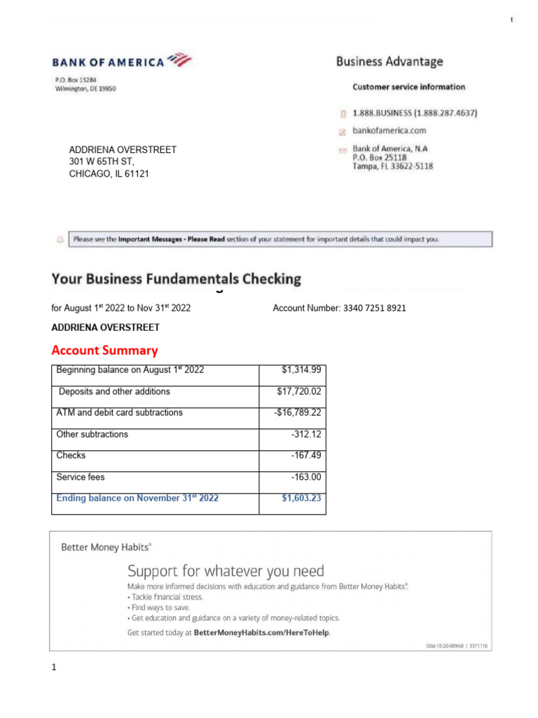 Addriena Overstreet Bank of America Bank Statement Aug - Nov | PDF ...