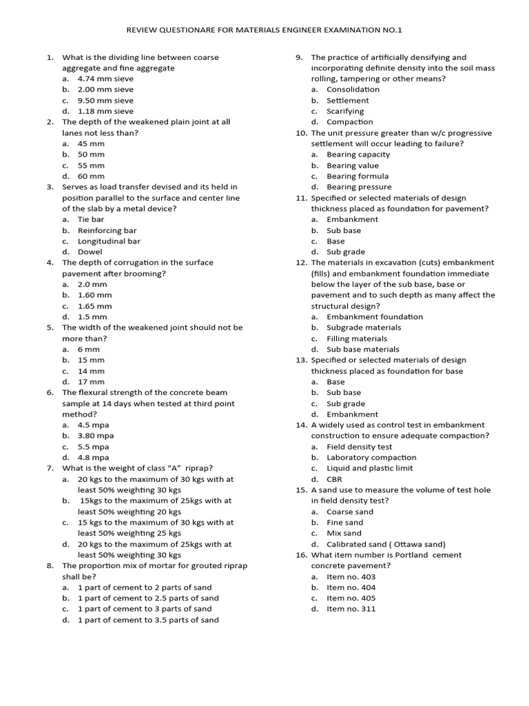 MQC Practice Exam | PDF | Road Surface | Concrete