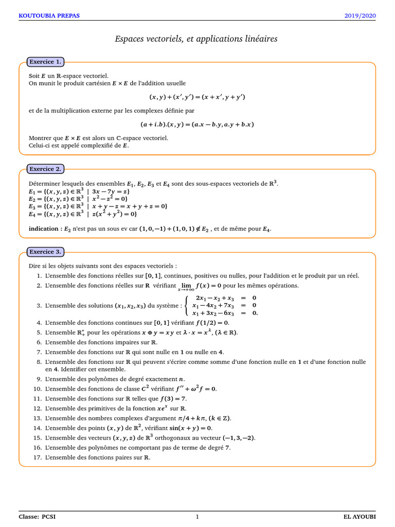 Espaces Vectoriels et Sous-Espaces: Exercices | PDF | Espace vectoriel ...