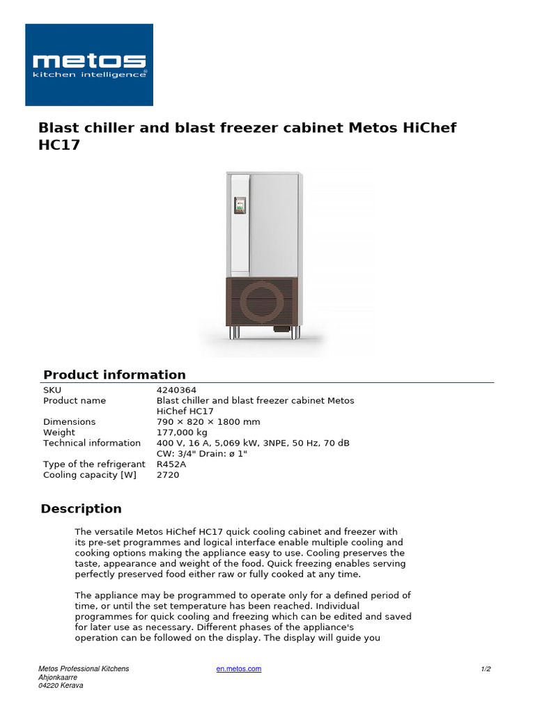 Blast Chiller and Blast Freezer Cabinet Metos Hichef hc17 | PDF ...