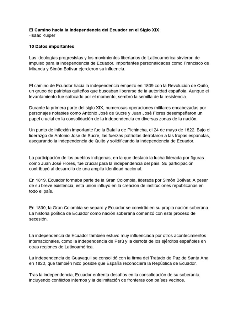 Independencia de Ecuador: Claves del XIX | PDF | Ecuador | Conflictos ...