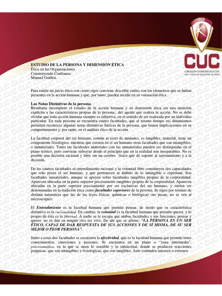 Estudio de La Persona y Su Dimension Etica | PDF | Humano | Pensamiento