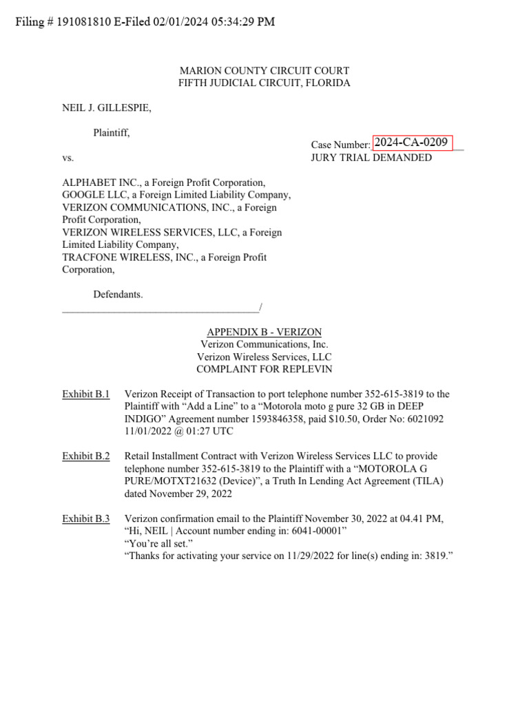 Appendix B Google Complaint For Replevin (Verizon) | PDF | Verizon ...