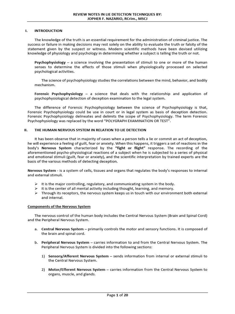 Review Notes Lie Detection Techniques Pdf Nervous System Polygraph