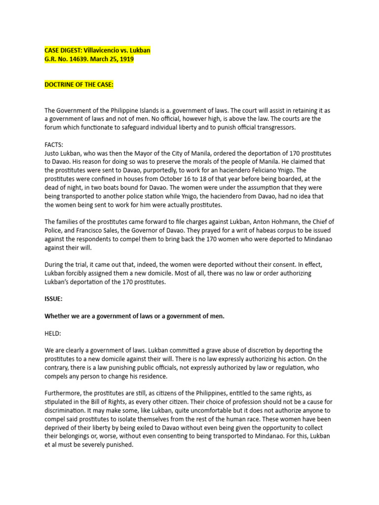 Villavicencio vs. Lukban (Crim Law) Case Digest | PDF | Prostitution | Government