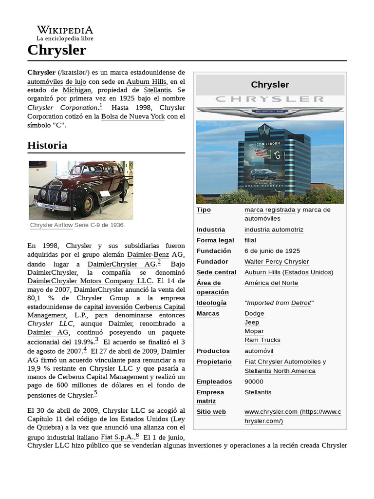Chrysler - Wikipedia en Español | PDF | Chrysler | Vehículos de lujo