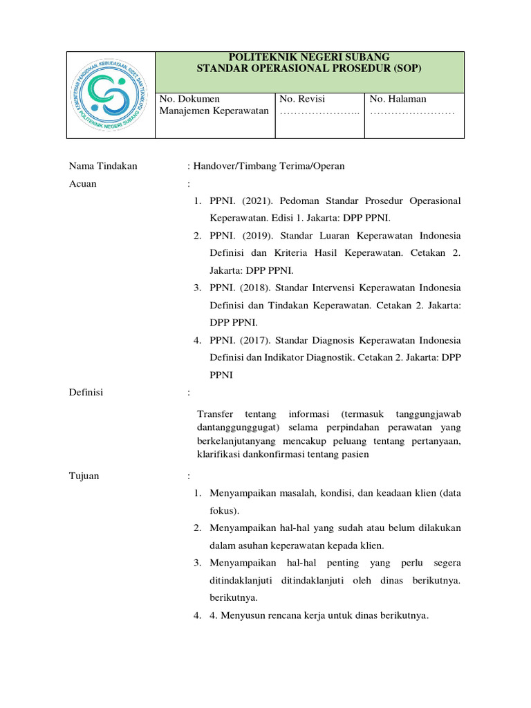 SOP Handover-Timbang Terima-Operan | PDF
