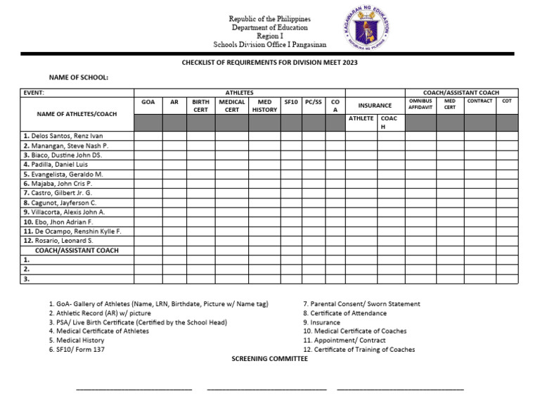 Division Meet 2023 Requirements Checklist | PDF