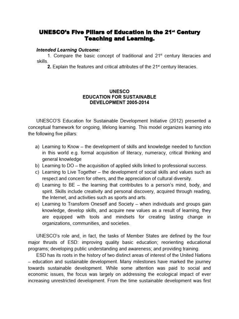 UNESCO's Five Pillars of Education in The 21st Century Teaching and Learning | PDF | Learning ...