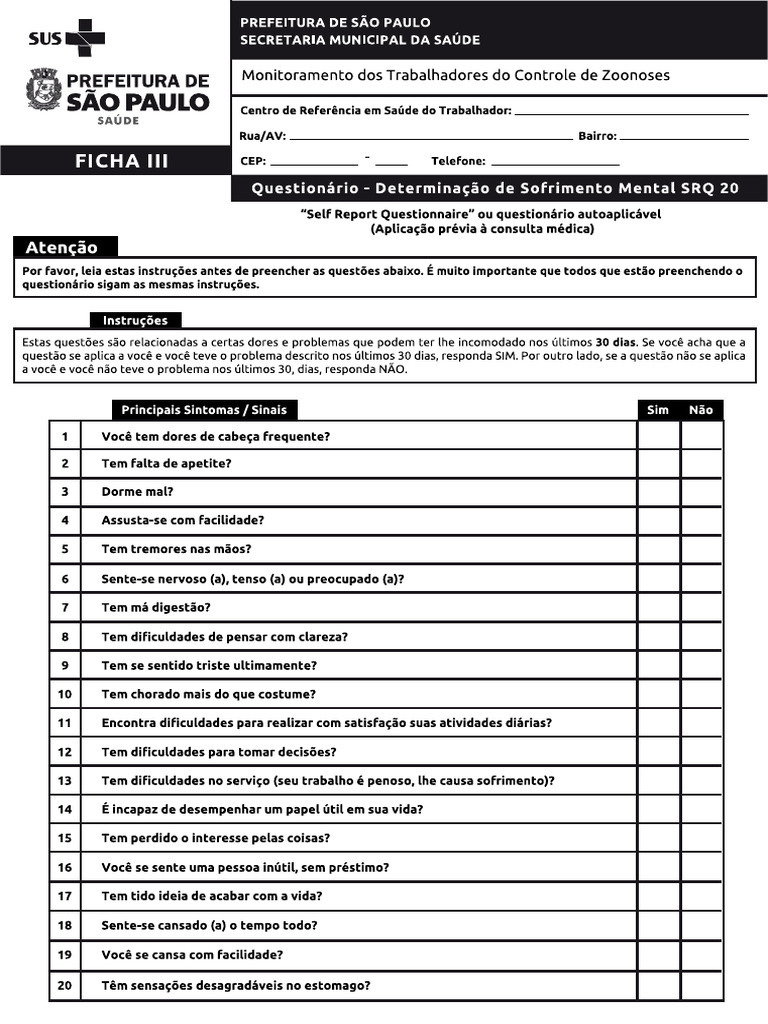 SRQ 20 - Questionário de Sofrimento Mental | PDF