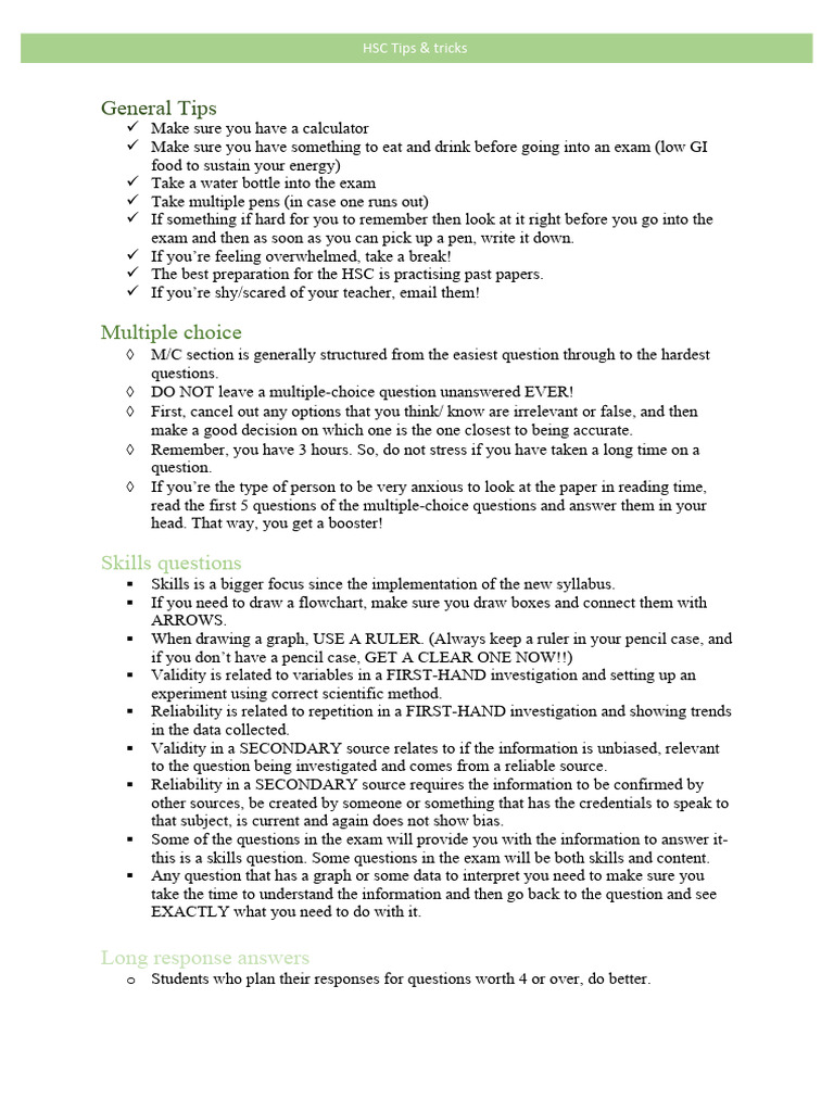 HSC Tips and Tricks | PDF | Validity (Statistics) | Question