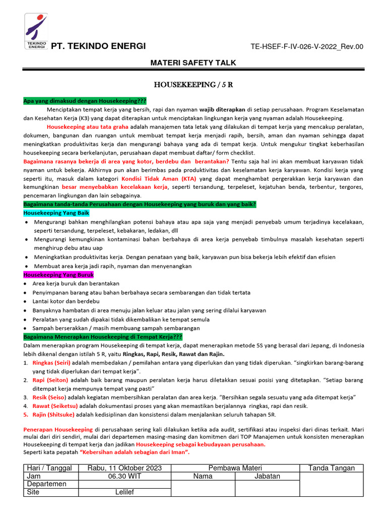 Safety Talk Housekeeping 11 Oktober 2023 | PDF