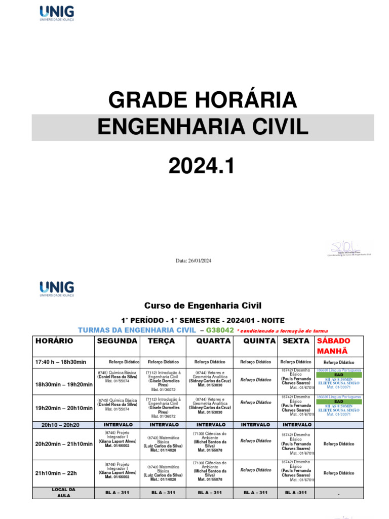 Grade Horaria 2024.1 - ENGENHARIA CIVIL-01 - 02 - 2024 | PDF | Engenharia | Ciências Físicas