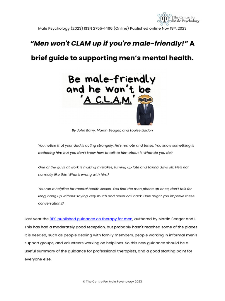 Male Mental Health - A CLAM Campaign Barry Seager Liddon | PDF ...