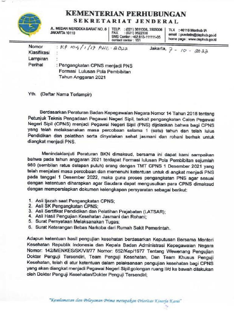 Surat Kementerian Perhubungan Usulan CPNS Ke PNS PDF