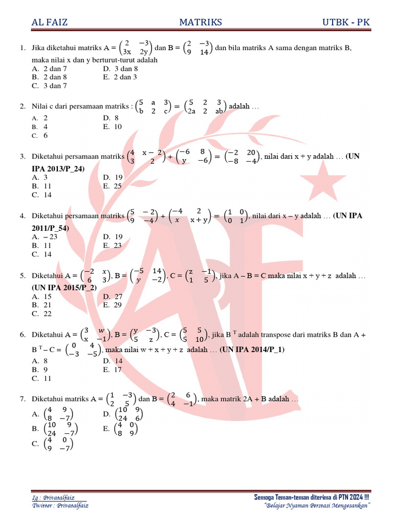 PK - Matriks Utbk 2024 (Kelas) | PDF