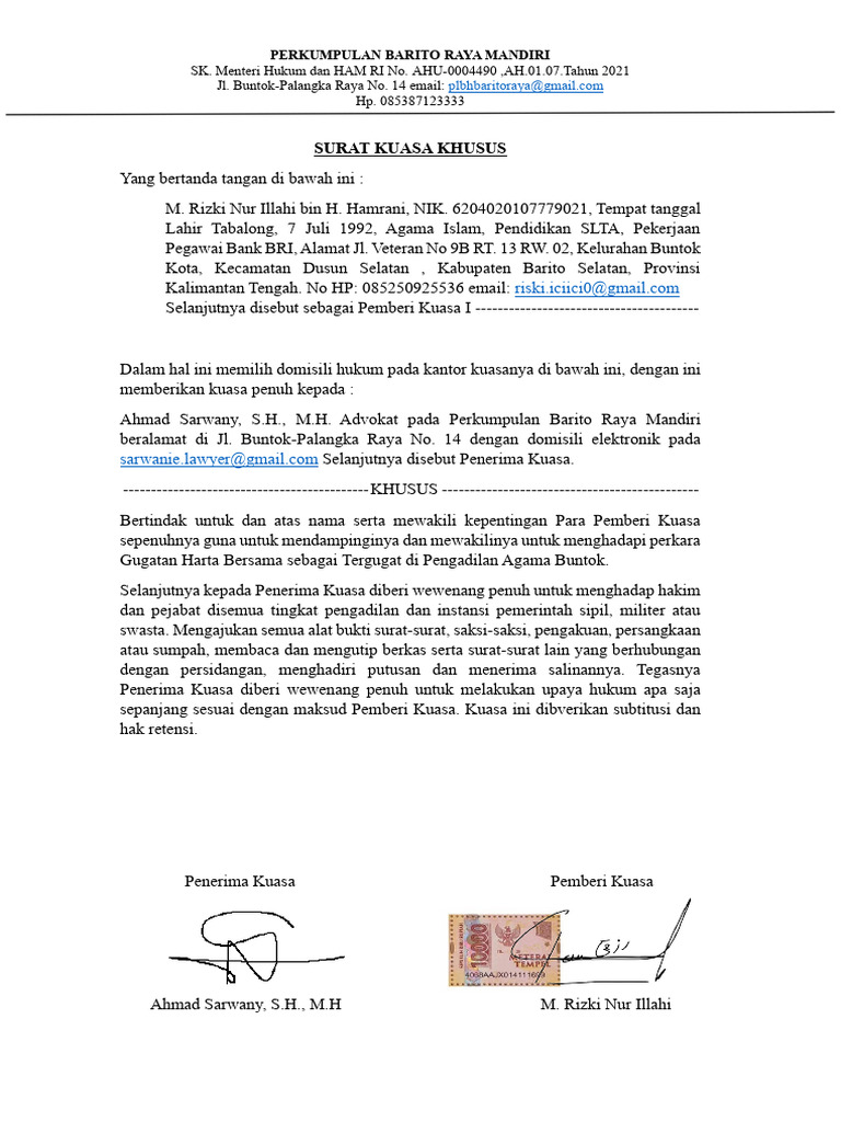 Surat Kuasa Muhammad Rizki Nur Illahi | PDF Surat Kuasa Muhammad Rizki Nur Illahi | PDF