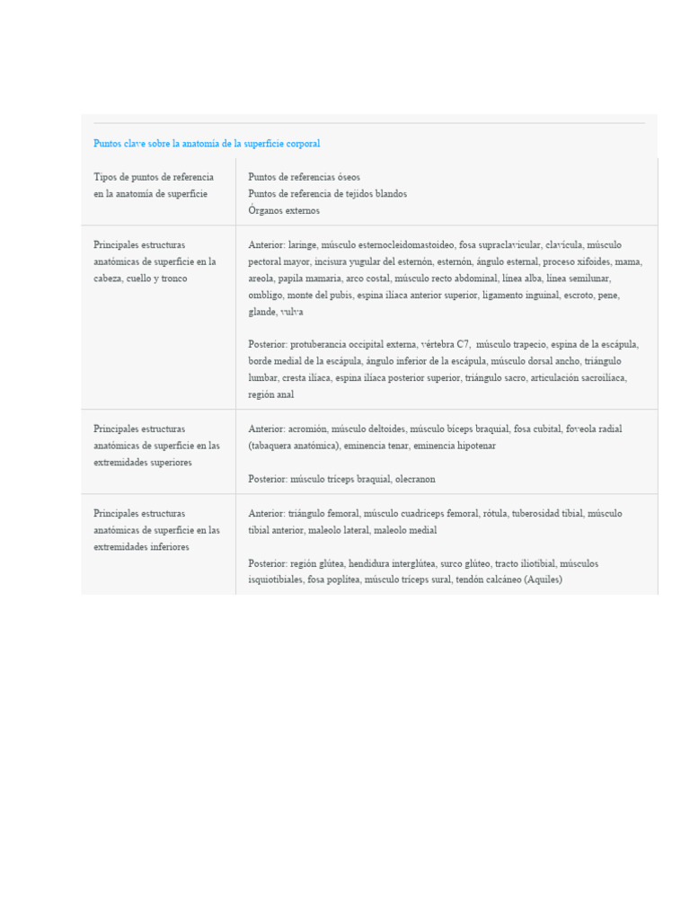 Puntos Clave Sobre La Anatomía de La Superficie Corporal | PDF