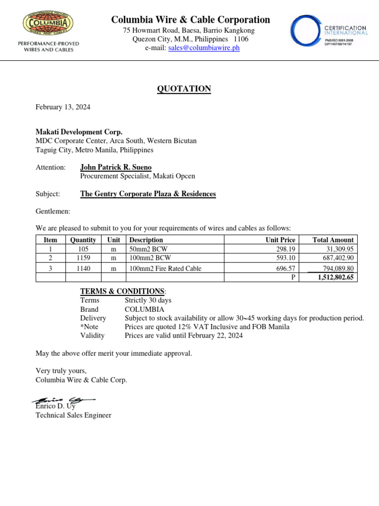 Quotation of MDC John Patrick Sueno Castueras The Gentry Plaza ...