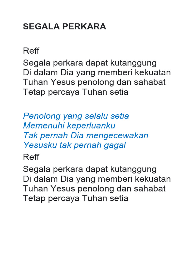 Lirik Lagu Rohani "Segala Perkara" | PDF