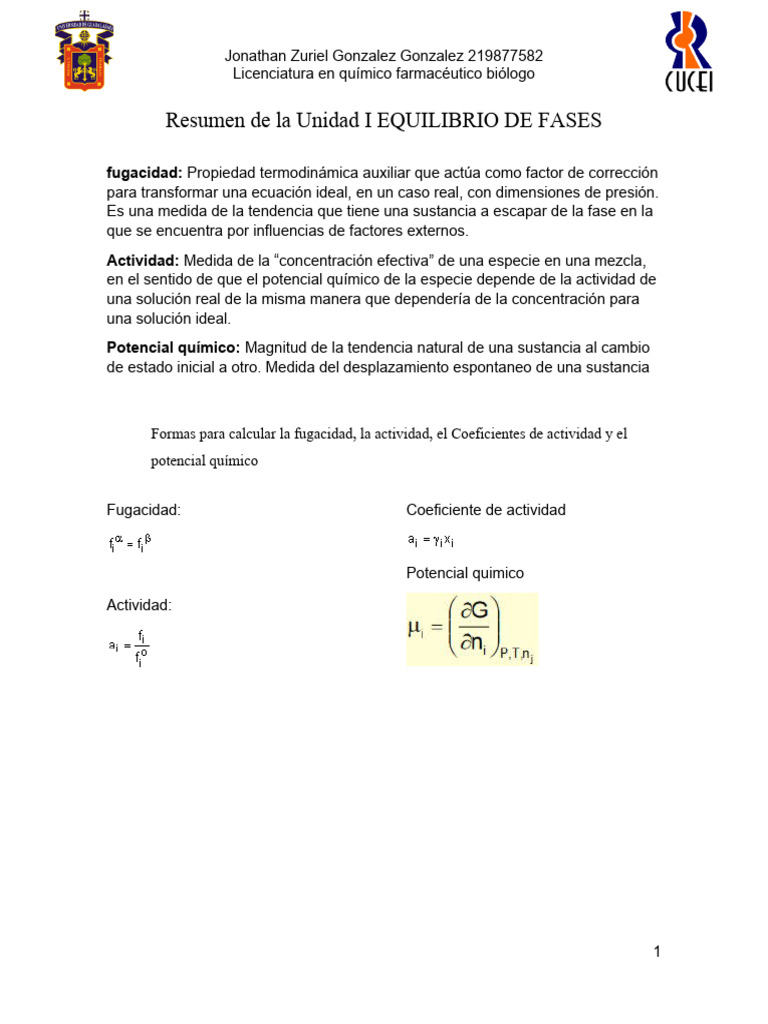 Resumen de La Unidad I EQUILIBRIO DE FASES | PDF