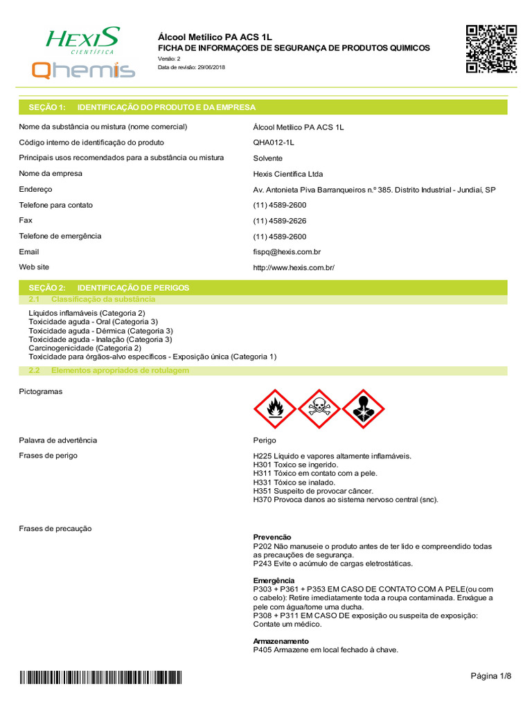FISPQ ALCOOL METÍLICO. Hexis | PDF | Química | Combustão