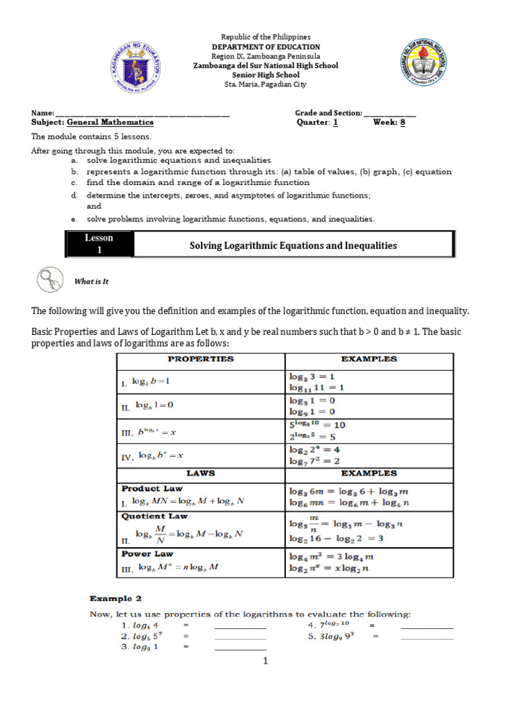 Logarithmic Functions and Equations Guide | PDF | Function (Mathematics ...