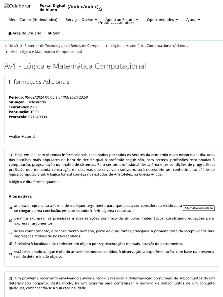 Av1 - Lógica e Matemática Computacional | PDF