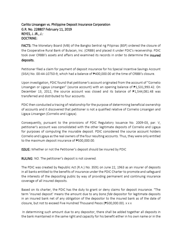 Carlito Linsangan vs. Philippine Deposit Insurance Corporation | PDF ...