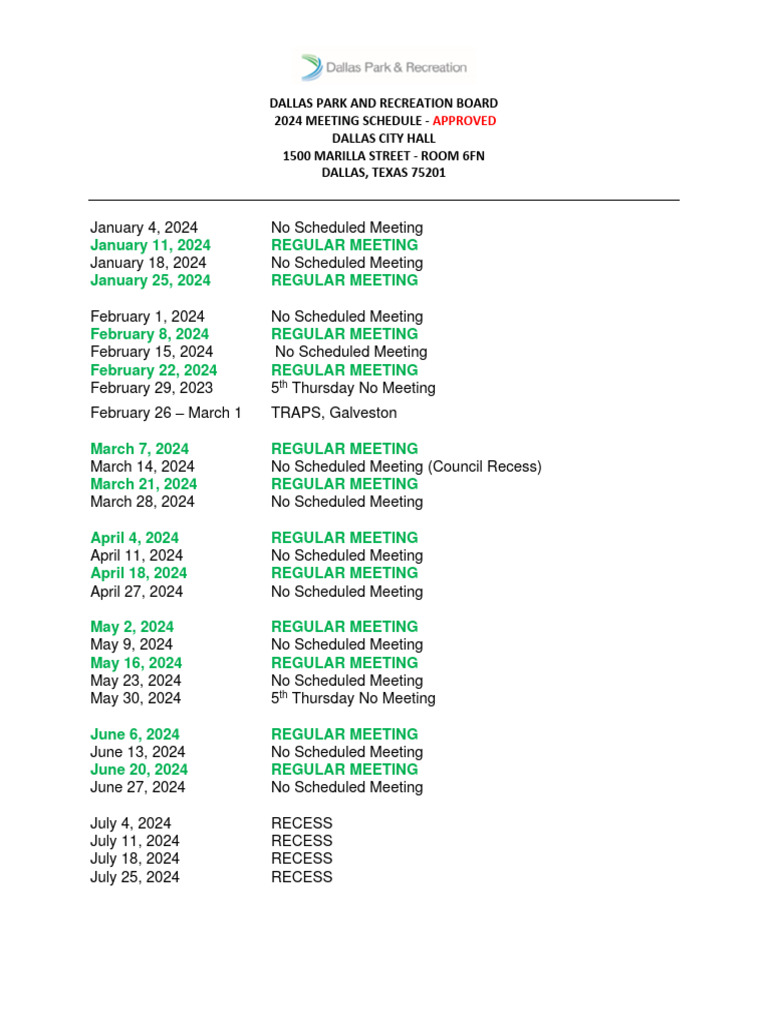 2024 - Approved Park Board Schedule Outline | PDF | Gratitude ...