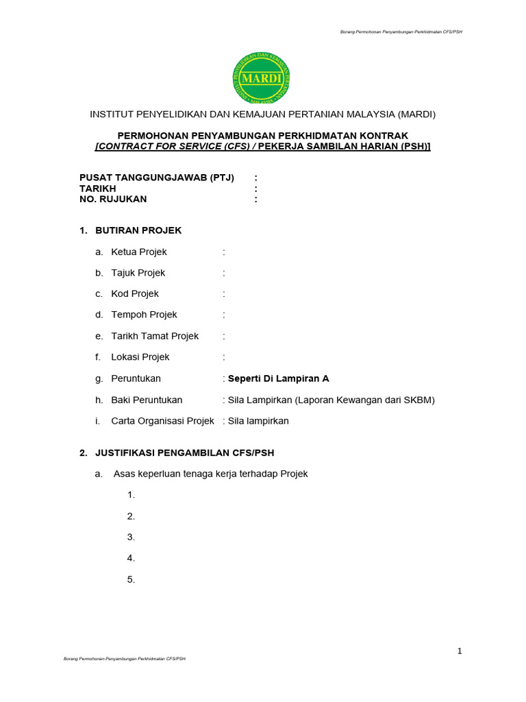 Borang Permohonan Penyambungan Perkhidmatan Kontrak (CFS PSH) | PDF