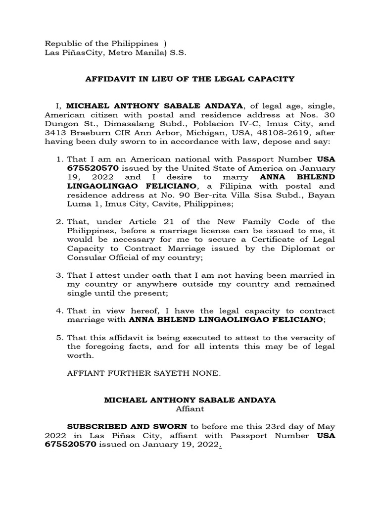 Affidavit in Lieu of The Legal Capacity Michael Anthony Sabale Andaya | PDF