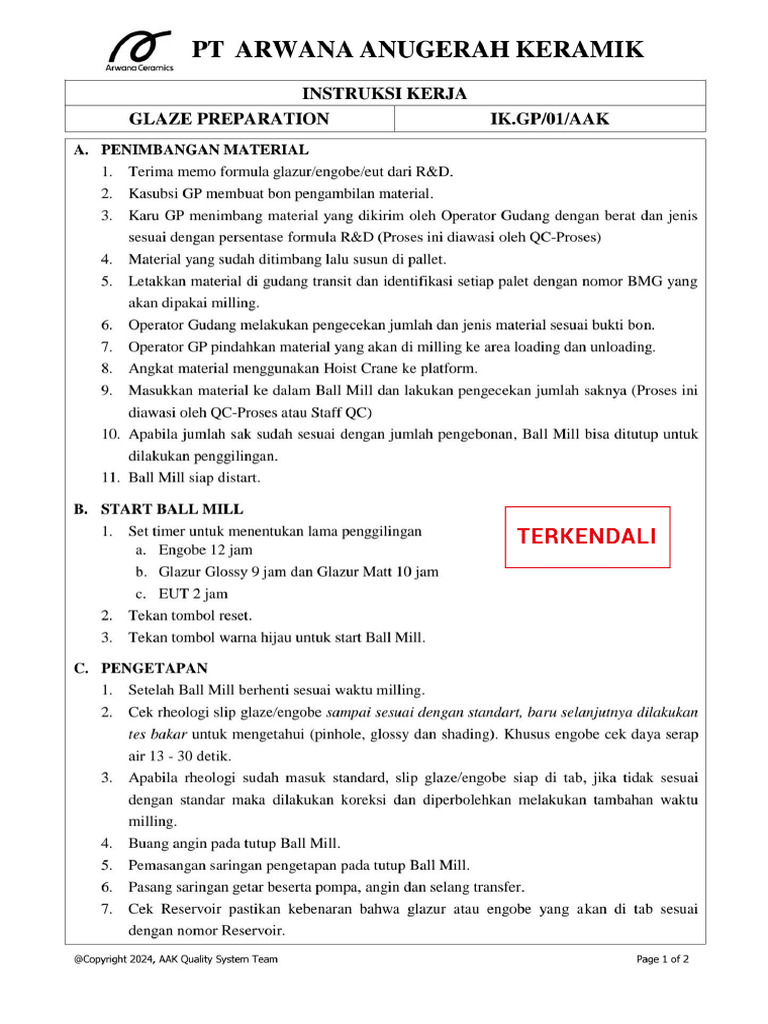ISO 9001 - IK-GP-01 Glaze Preparation | PDF
