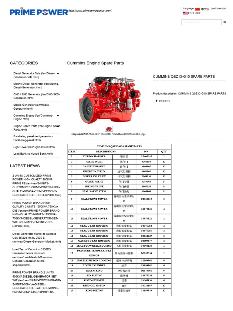 Cummins Qsz13-g10 Spare Parts | PDF | Piston | Diesel Engine