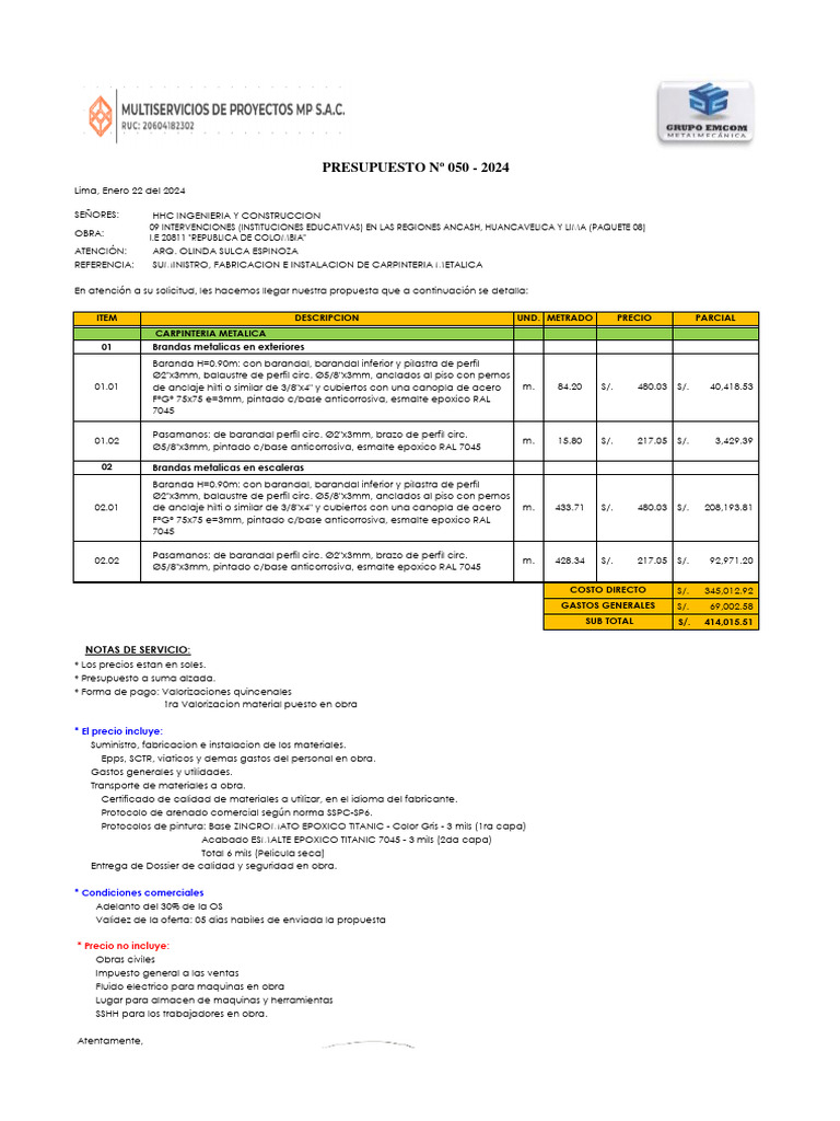 BARANDAS METALICAS - MULTISERVICIOS DE PROYECTOS MP | PDF