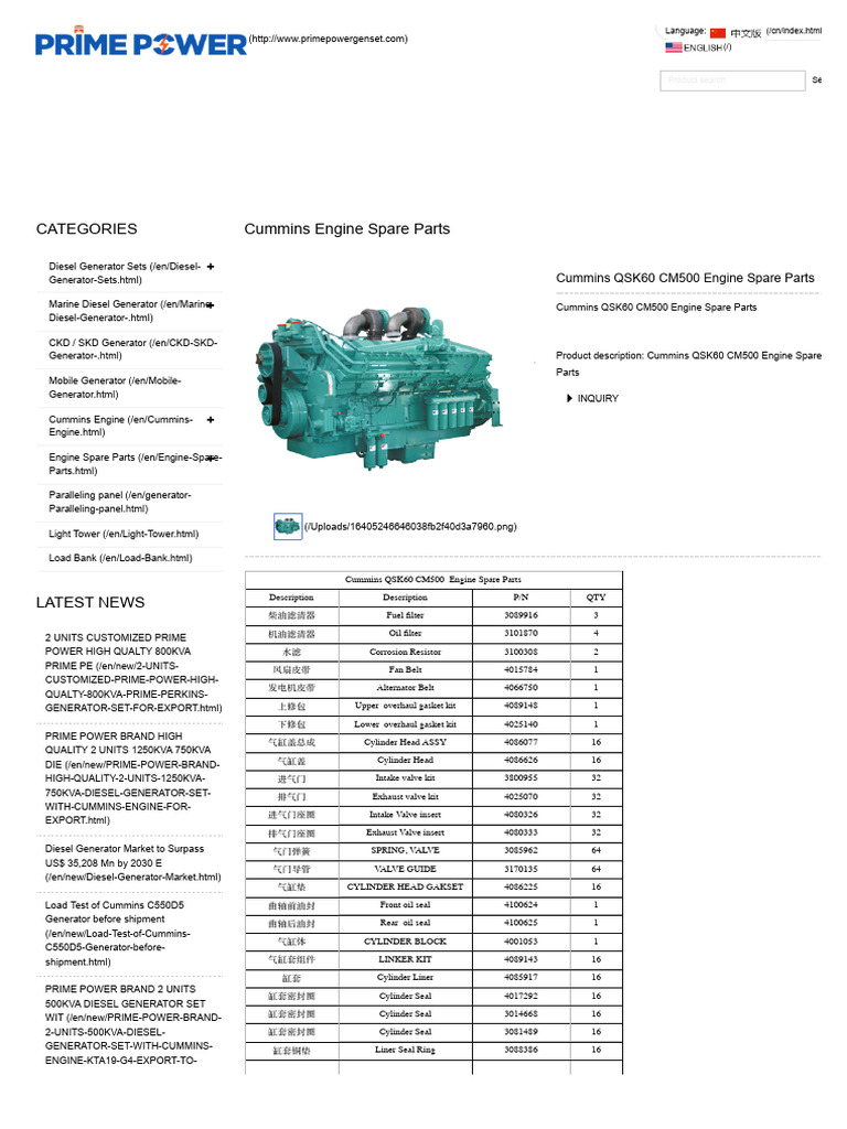 Cummins QSK60 CM500 Engine Spare Parts | PDF | Cylinder (Engine) | Piston