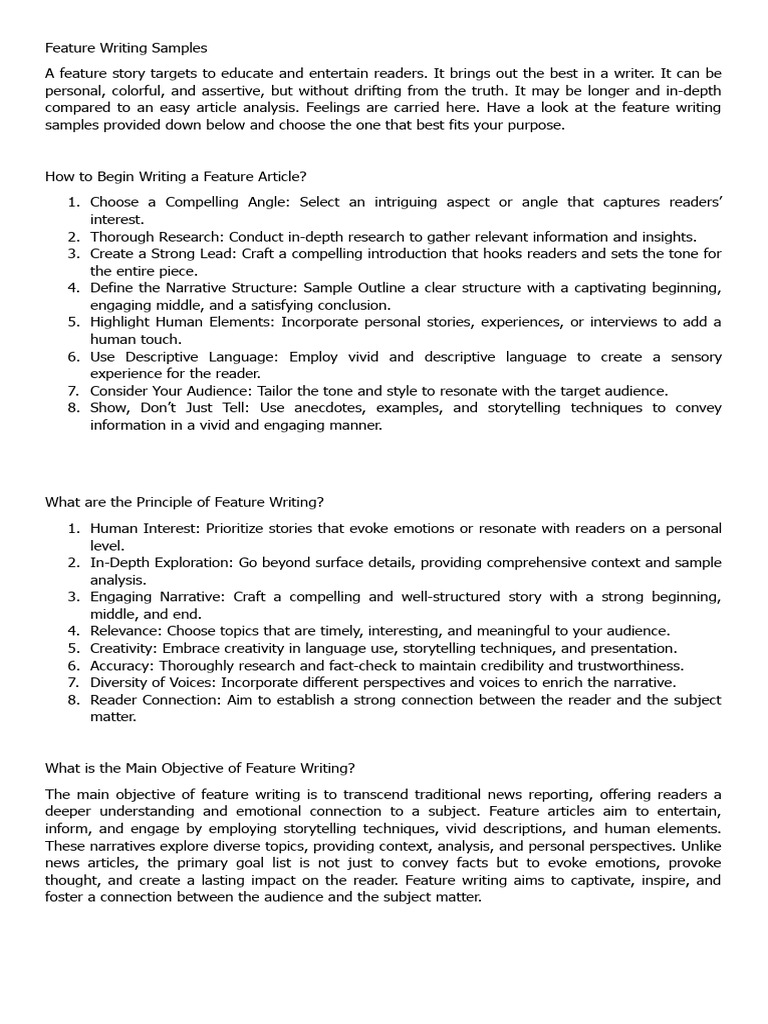 Feature Writing Tips | PDF | Narrative | Storytelling