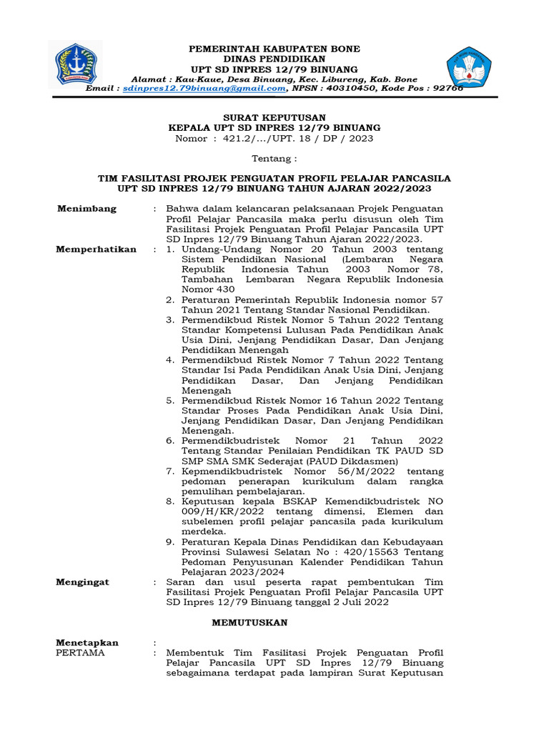 SK Tim Fasilitasi Projek | PDF
