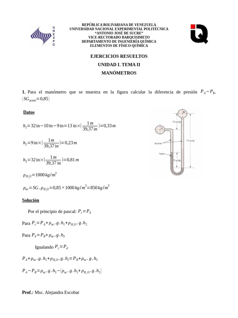 UNISAS I. TEMA III. Manómetros Resueltos | PDF | Pascal (Unidad) | Cantidades fisicas