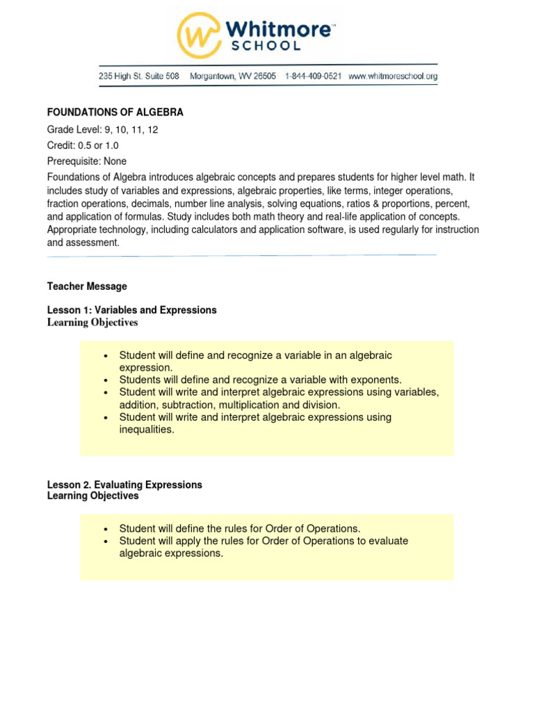 Foundations of Algebra Syllabus | PDF | Equations | Multiplication