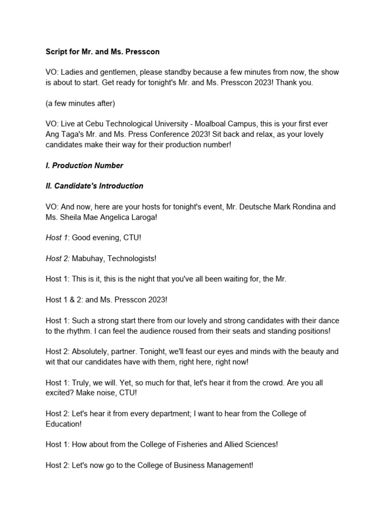 Script For Mr. and Ms. Presscon | PDF | Academic Degree