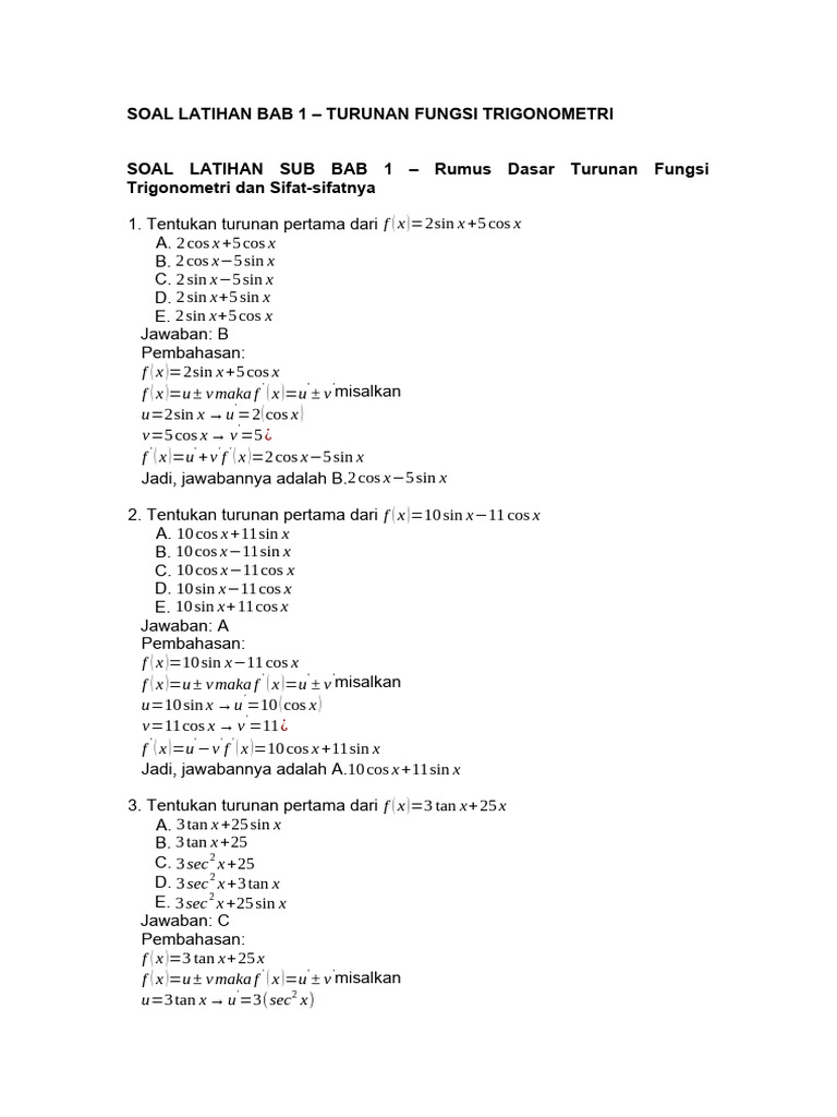 SOAL Kuis Dan Latihan Turunan Fungsi Trigonometri | PDF