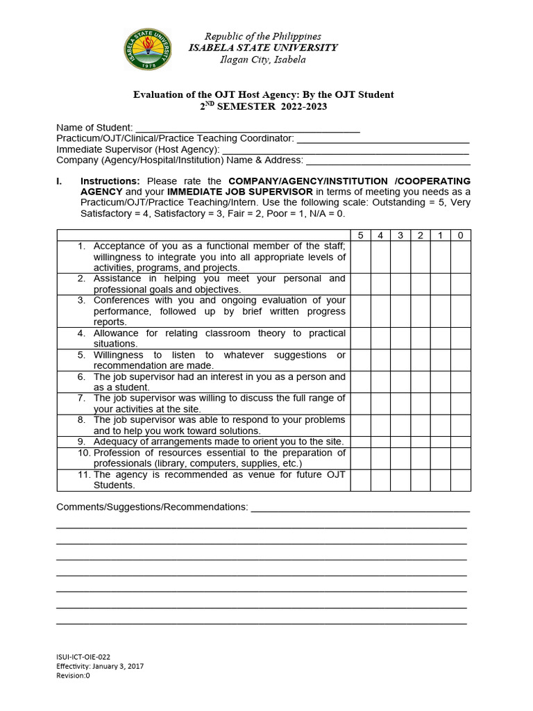 Evaluation of The OJT Host Agency ICT 2 | PDF | Cognition | Behavior Modification
