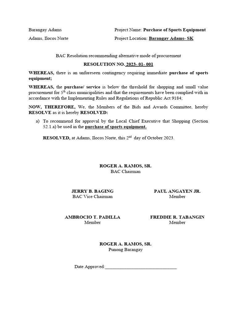 BAC Resolution For Mode of Procurement and Award of Contract - 034616 ...