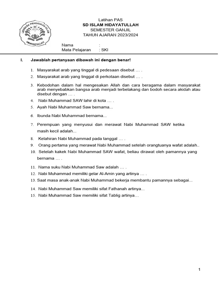 Latihan PAS SKI Kelas 3 2023 | PDF