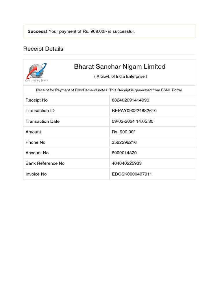 BSNL Payment Receipt Confirmation | PDF