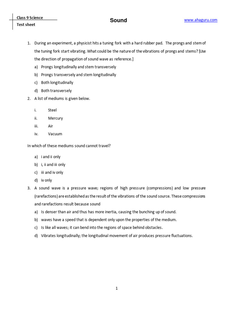 STD 9 Test On Sound 16 Feb 2024 - Student | PDF | Sound | Waves