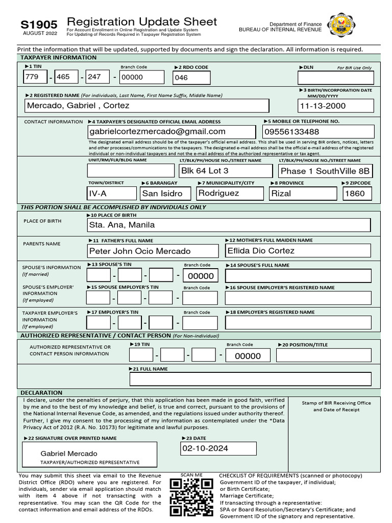 BIR S1905 - Registration Update Sheet-1-3 | PDF | Government