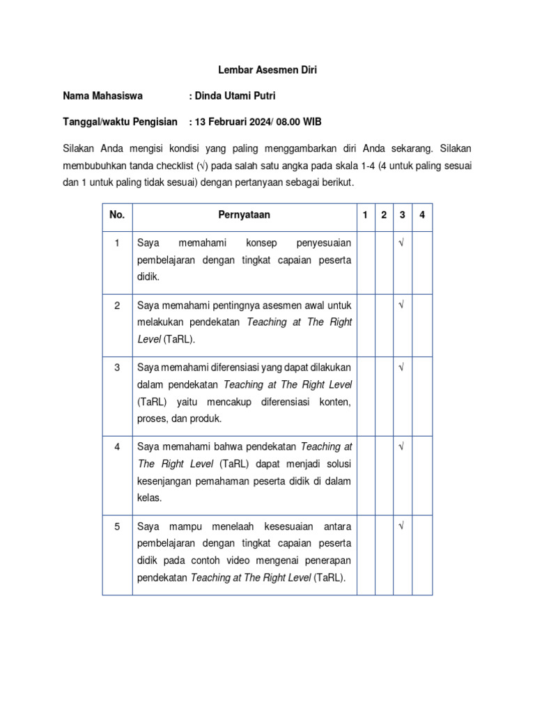 Lembar Asesmen Diri - Dinda | PDF